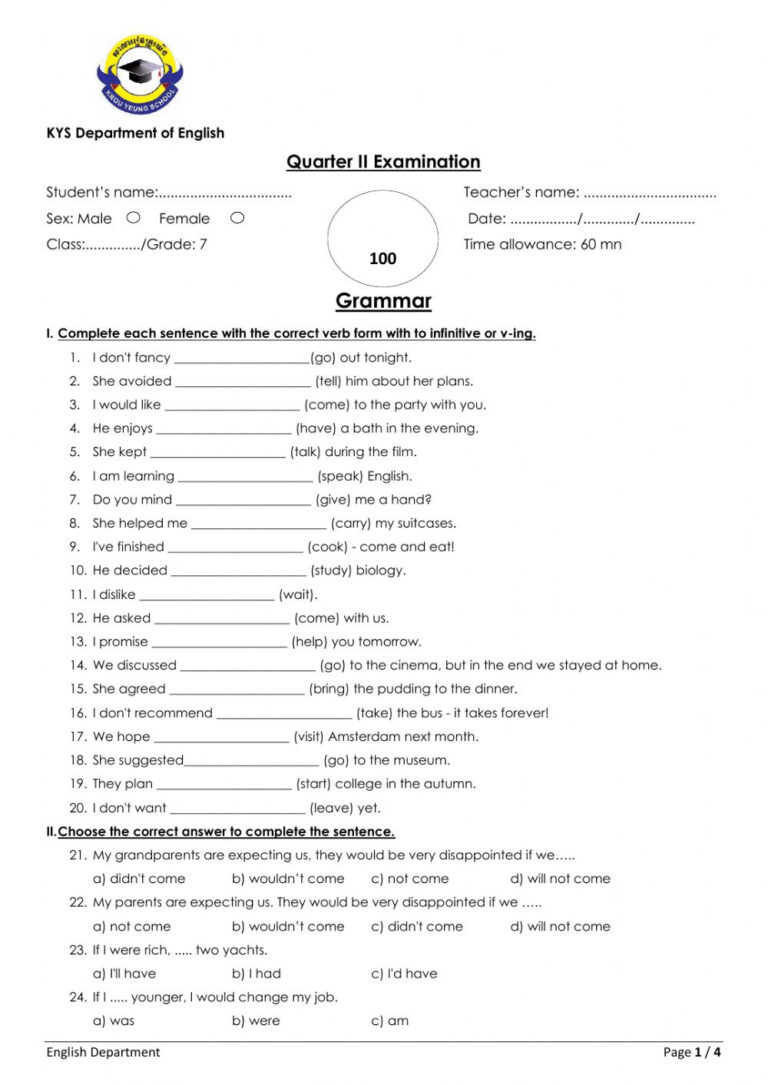 Grade 7 English Worksheets Printable-159 | Lyana Worksheets