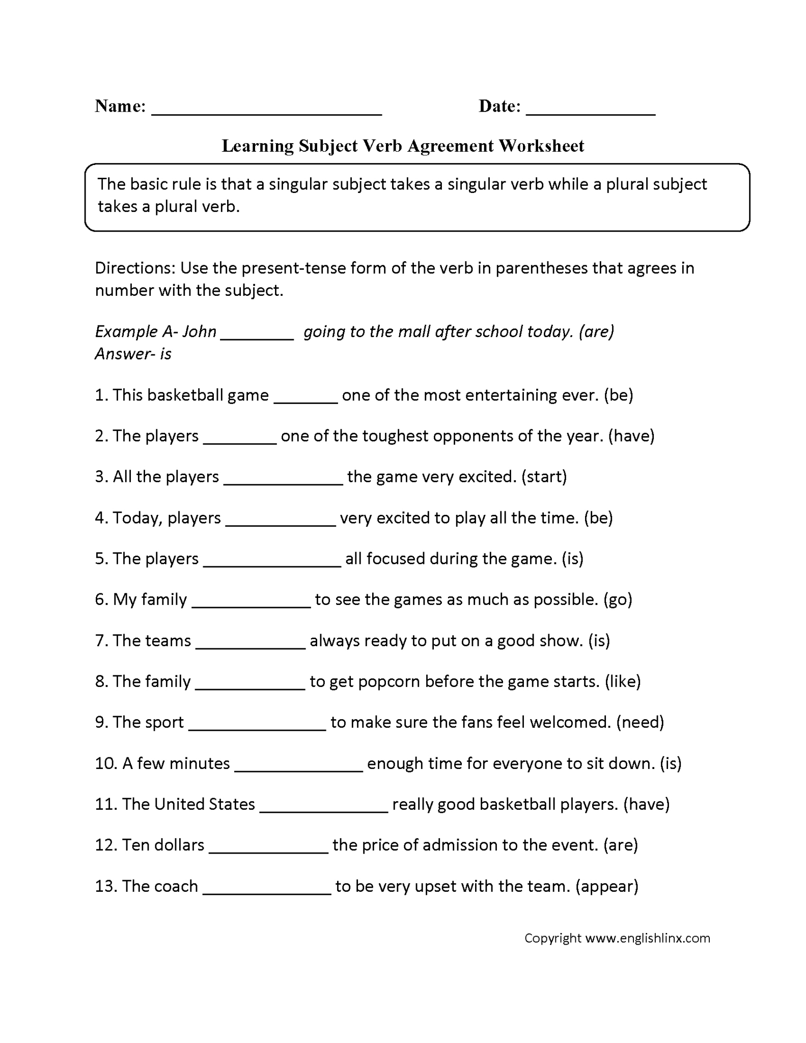 Subject Verb Agreement Printable Worksheets High School-159 | Lyana ...