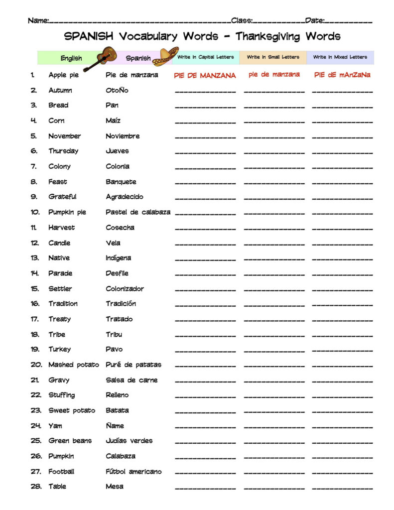 Spanish Worksheets For Thanksgiving | Lyana Worksheets